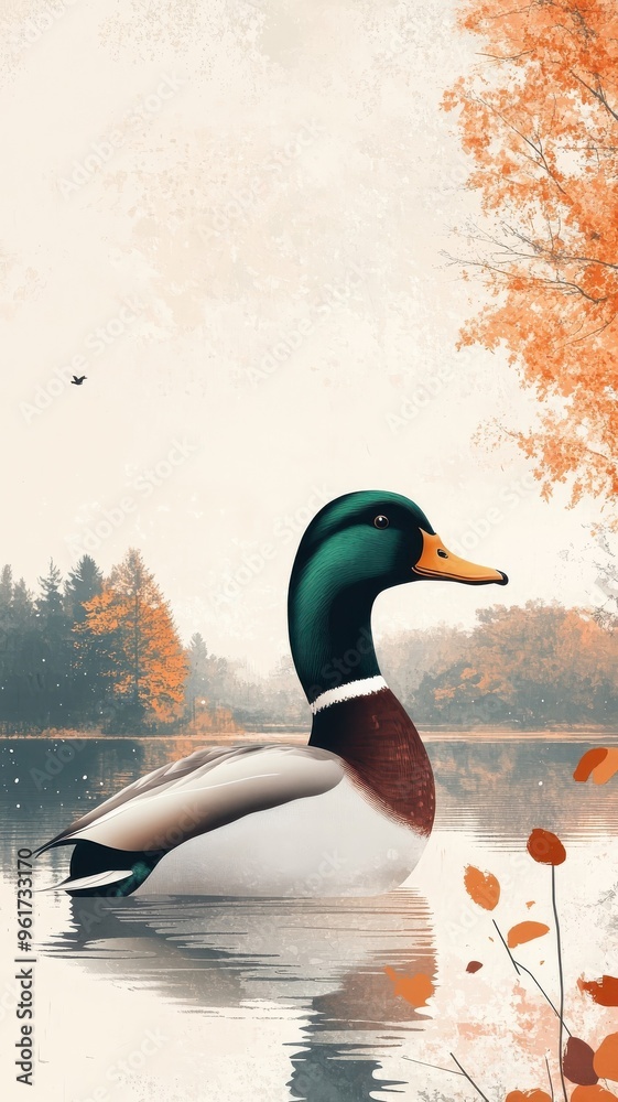 Background, a duck set against a serene or natural backdrop with subtle ...