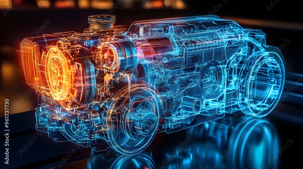 Holographic projection showcasing the intricate internal components and ...