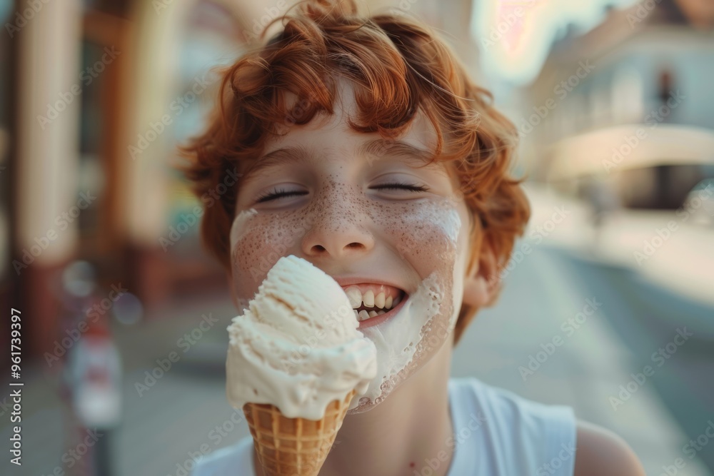 Child takes delight in every bite of ice cream. Vibrant teen girl ...