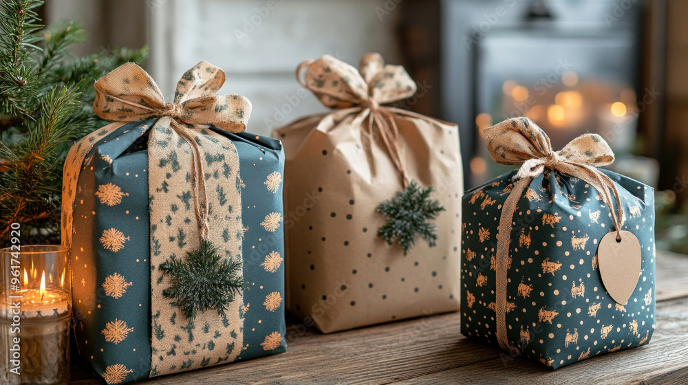 Paper bags used for gift wrapping, decorated with ribbons, tags, or ...