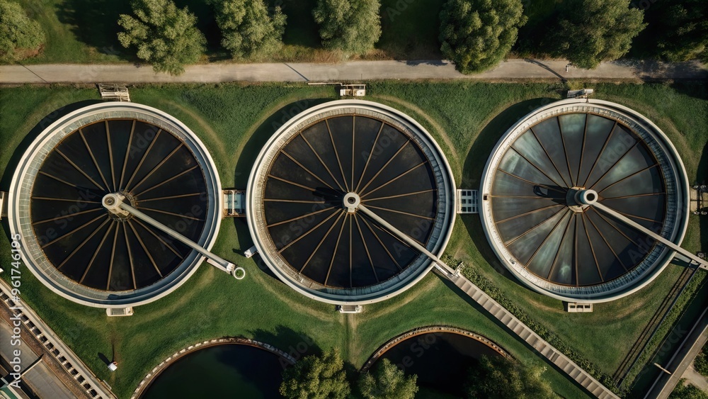 Top-down view of three radial sedimentation tanks in a treatment plant ...