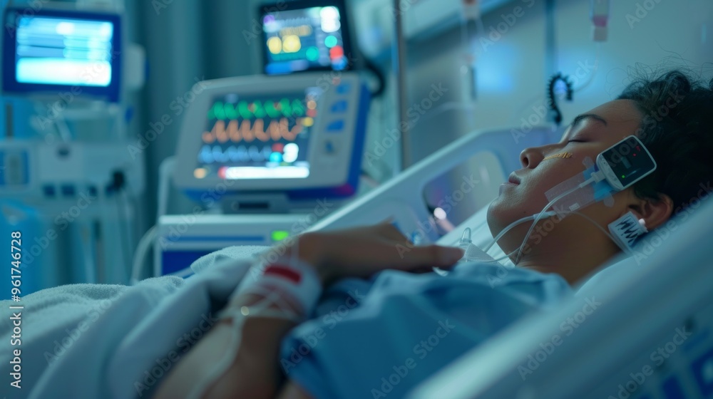 A young Asian woman in a hospital bed with oxygen mask, IV drip, and ...