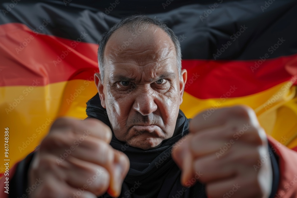 Close-up of afghan elder's intense stare holding german national symbol ...