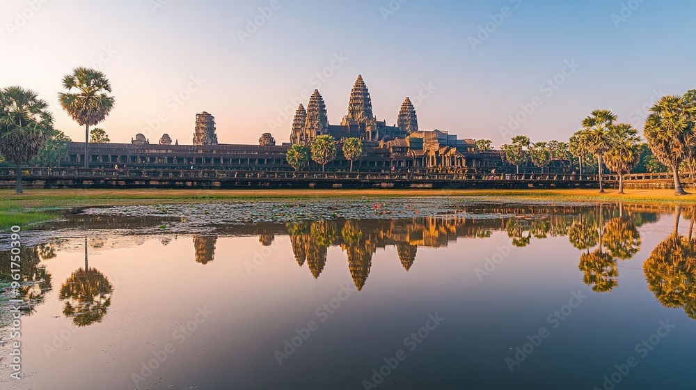 Unoccupied Angkor Wat in Cambodia with an empty reflection pool and ...