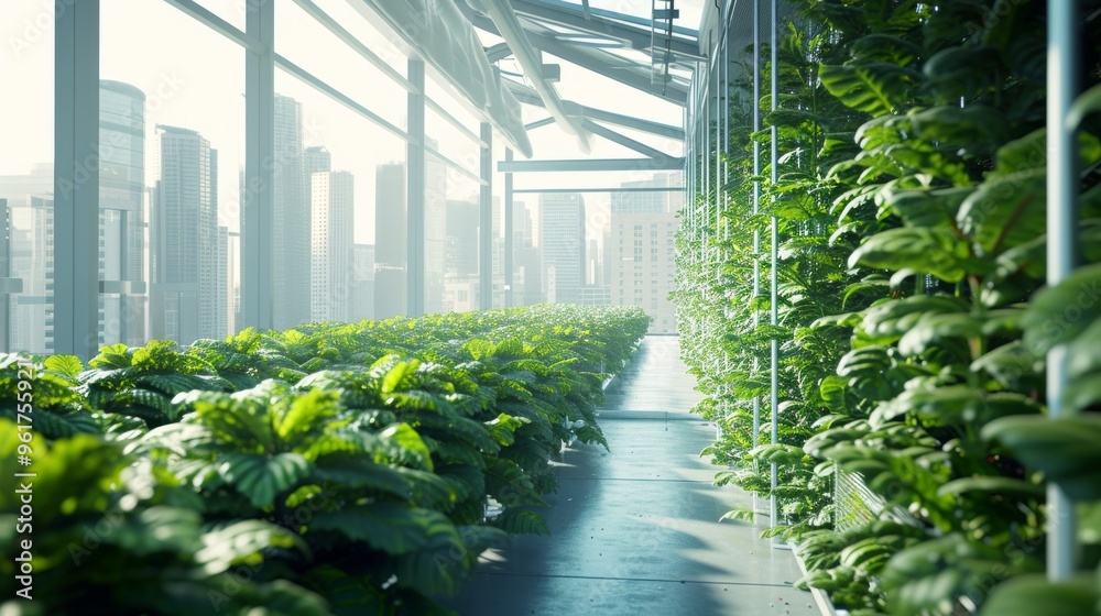 A modern indoor urban farm with rows of lush green plants stretches ...