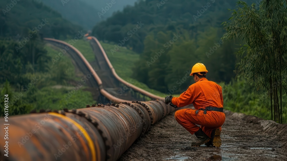 Engineer in uniform kneeling to check oil leakage on a pipeline, dirt ...