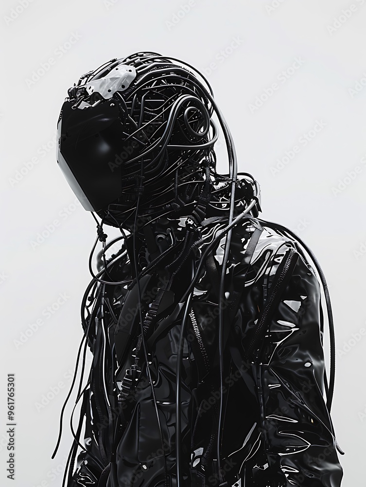 there is a man in a black suit with wires all over his head Stock ...