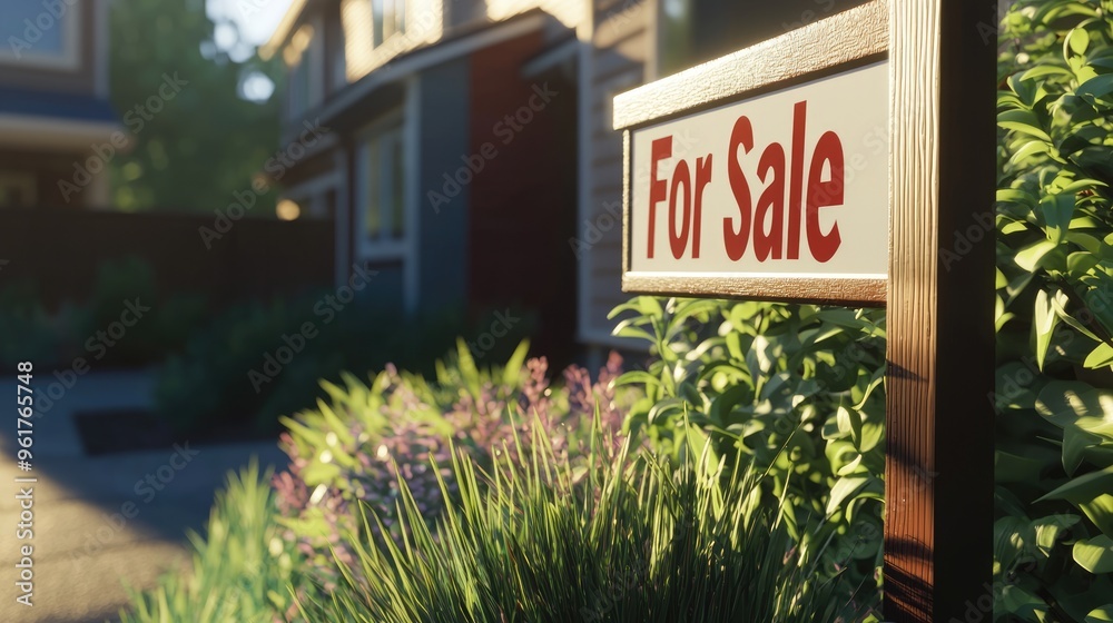 For sale sign standing outside a beautiful suburban home Stock Photo ...