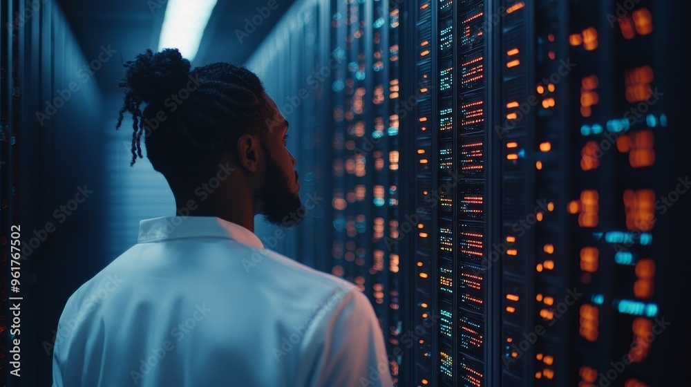 IT employee at work performing maintenance on server room hardware ...