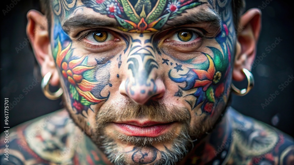 Close-up of a person's face with various tattoo designs, including ...