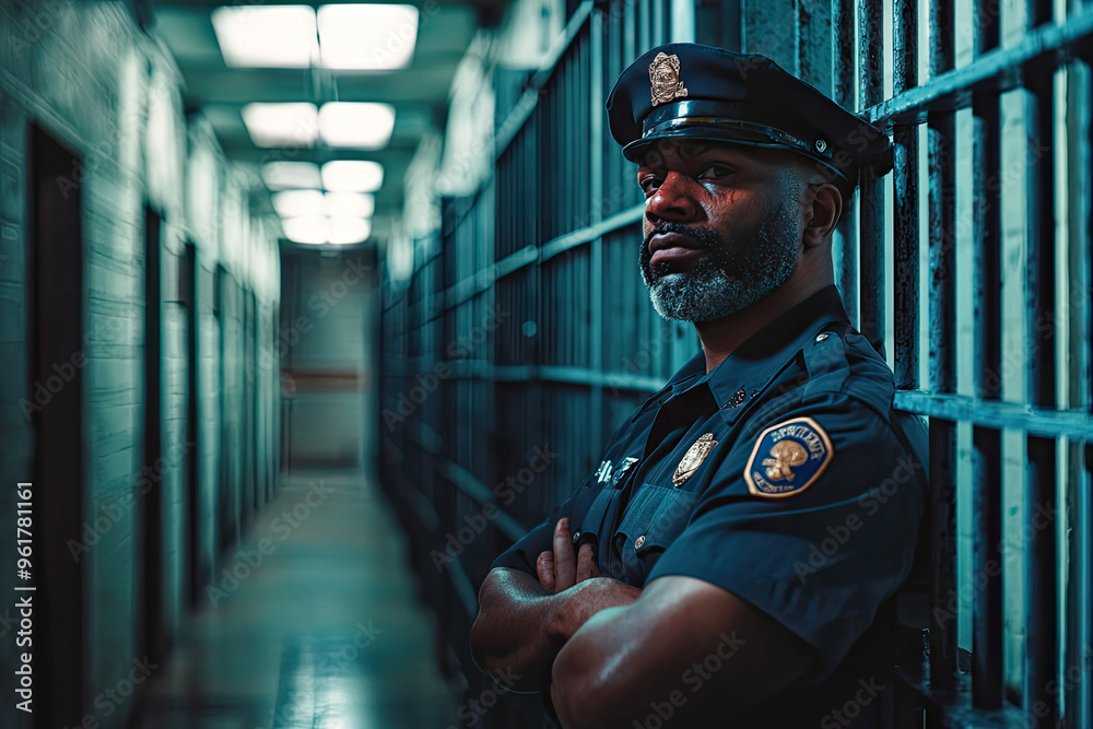 A stern prison warden stands, arms crossed, in front of a cell block ...