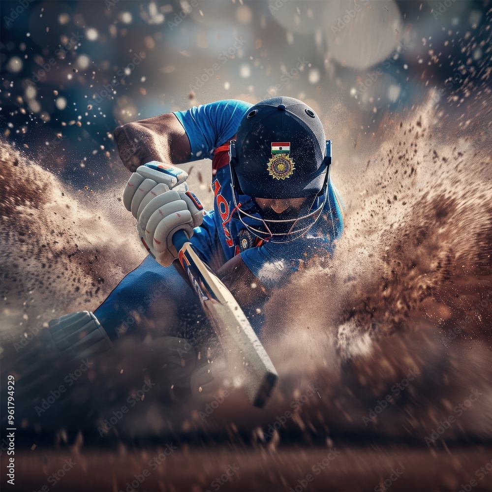 Dynamic and powerful image of cricket in motion on filed, player with ...