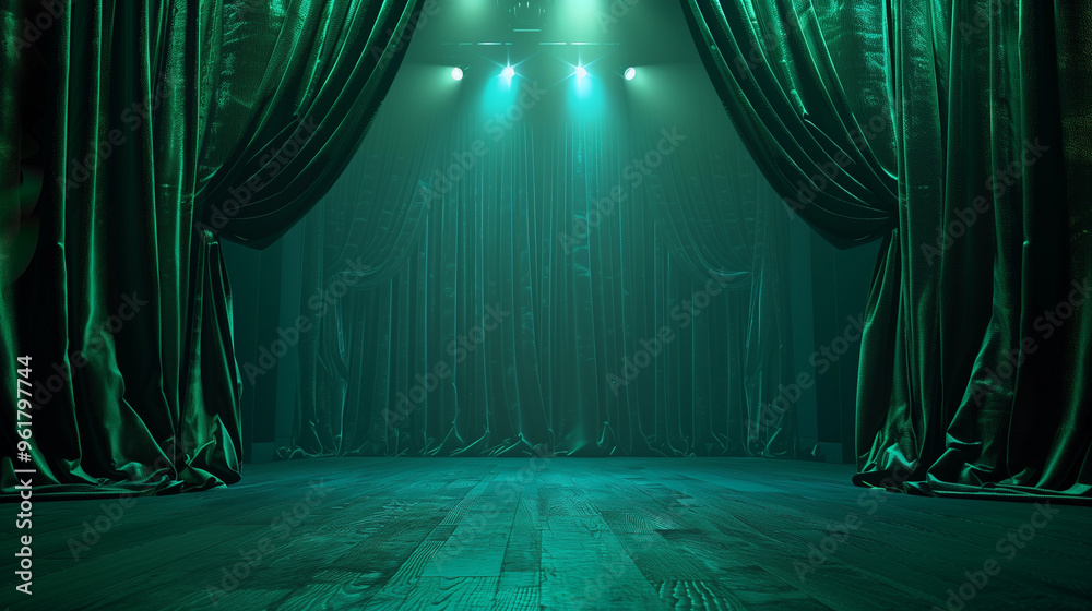 Dramatic emerald teal jade green velvet stage curtains moody theatre ...