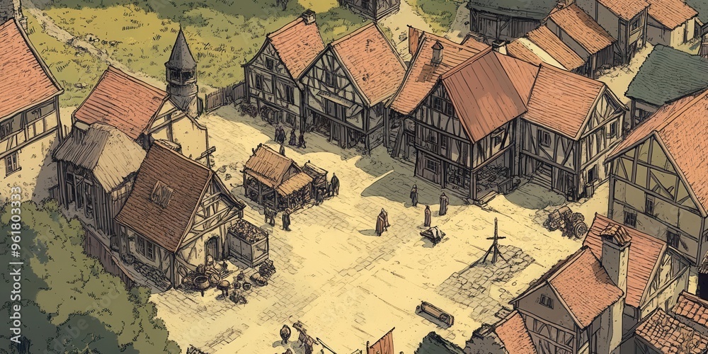 Cutaway of a medieval village showing houses, market square, and ...