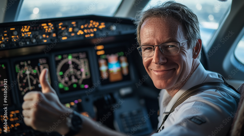 Smiling pilot giving a thumbs-up inside the cockpit of an airplane foto ...