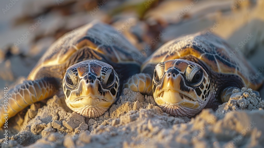An intimate image of a pair of sea turtles nesting on a beach, captured ...