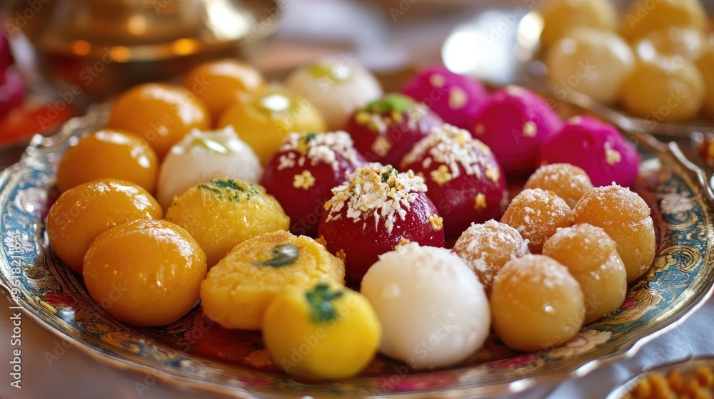 Indian sweets such as gulab jamun, jalebi, and rasgulla displayed on a ...