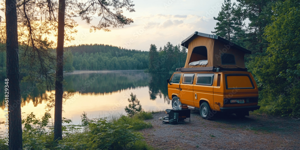 Camper Van with Rooftop Bed Parked by a Lakeside wallpaper 4k HD Stock ...