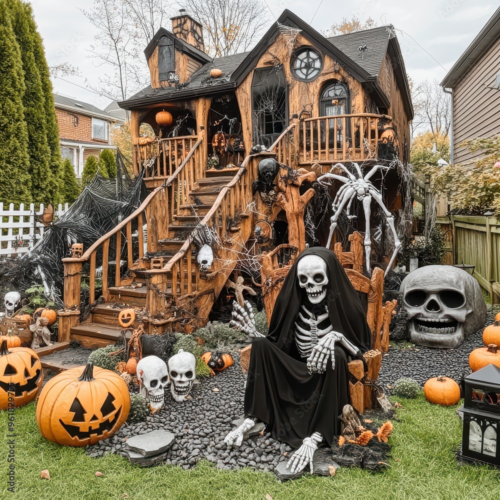 Skeleton sitting on throne welcoming trick or treaters to haunted house ...
