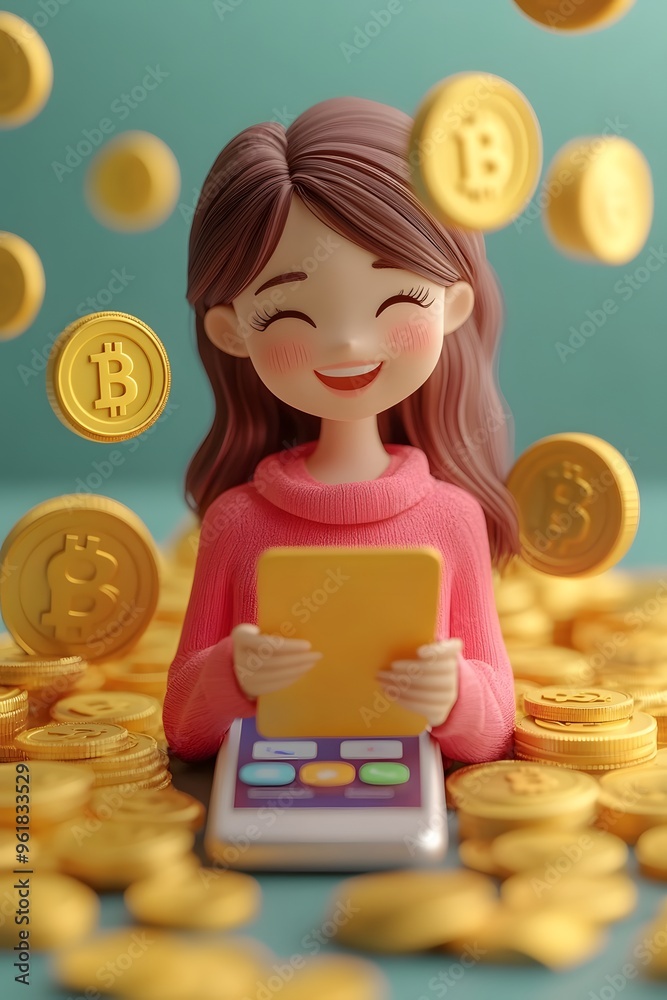 Animated 3D cartoon-style mobile app design, featuring a successful ...