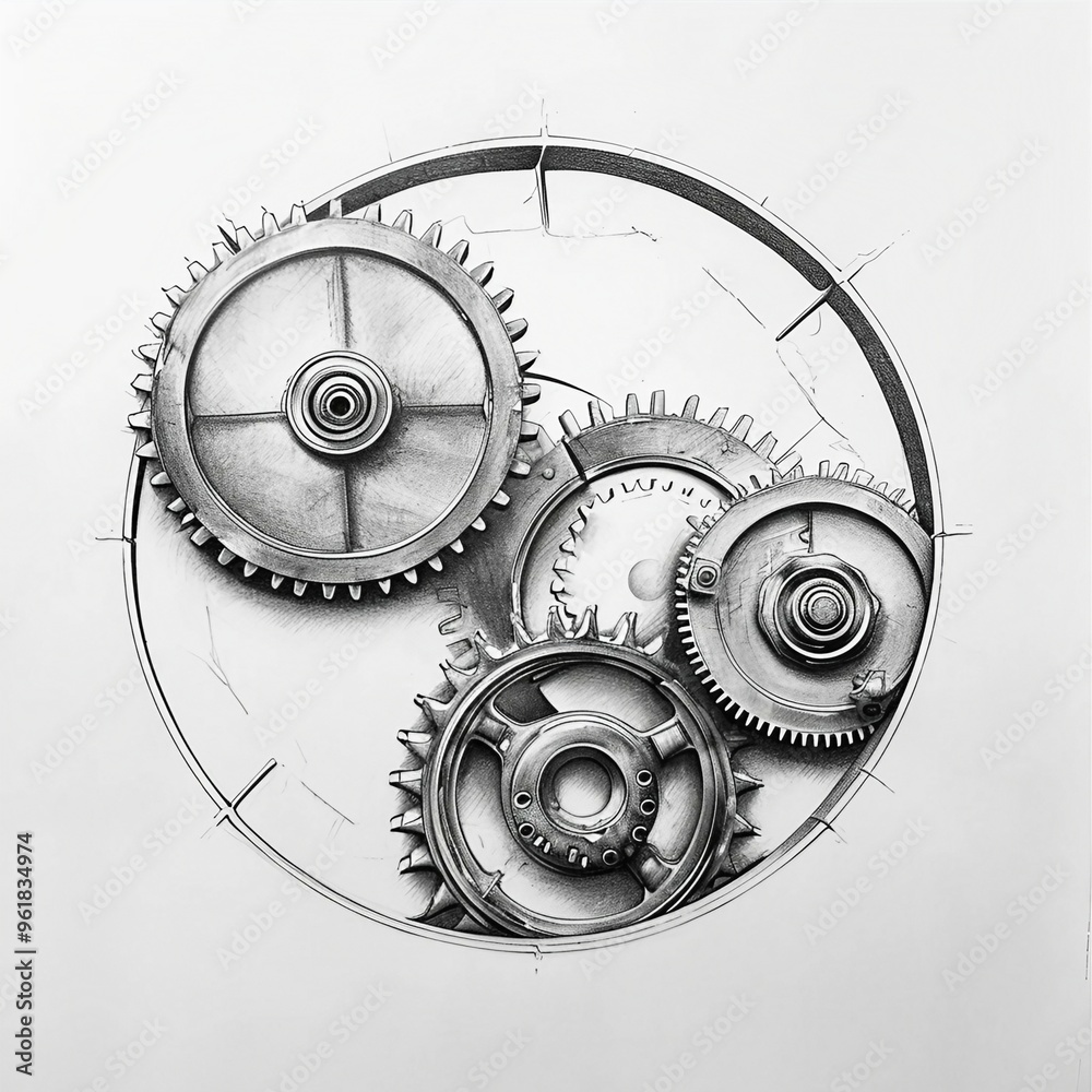 A detailed illustration of a complex gear system. The gears are made of ...