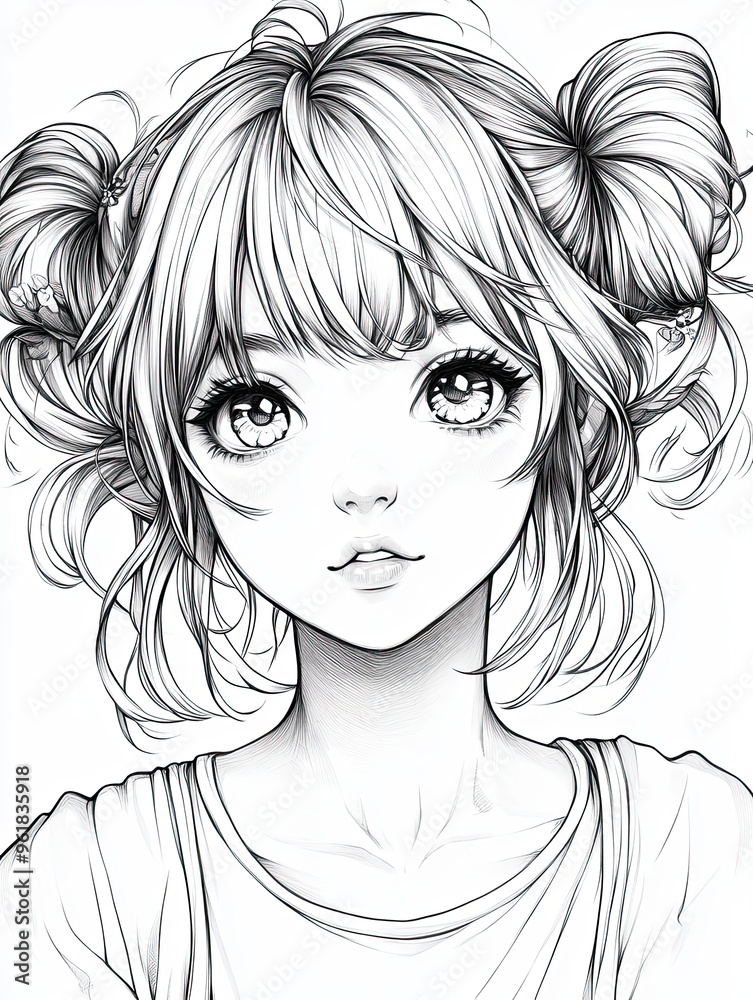 31. Black-and-white line art of an anime girl with twin tails and a ...