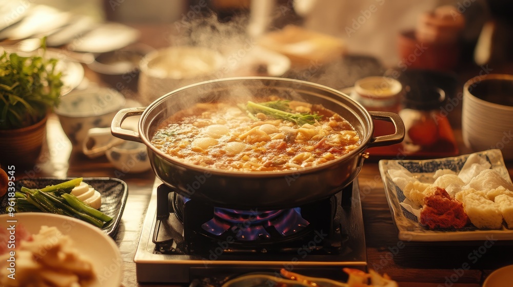 Traditional shabu-shabu hot pot setup with a portable burner, a pot ...