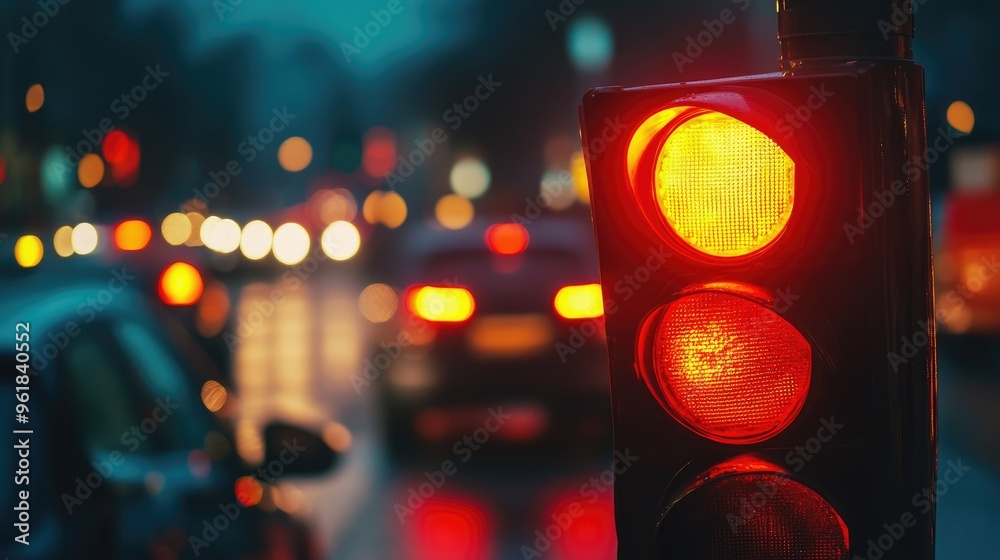 Traffic light with a red signal glowing brightly at a busy intersection ...