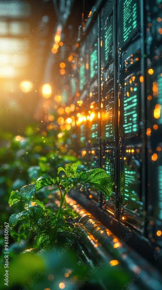 Green plants thriving in a high-tech server room, symbolizing the ...