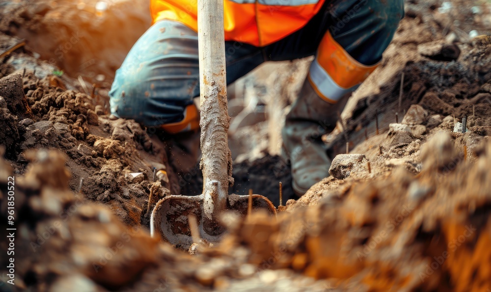 shovel being used to dig into the earth, capturing the essence of labor ...