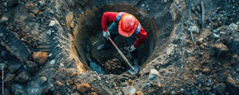 shovel being used to dig into the earth, capturing the essence of labor ...