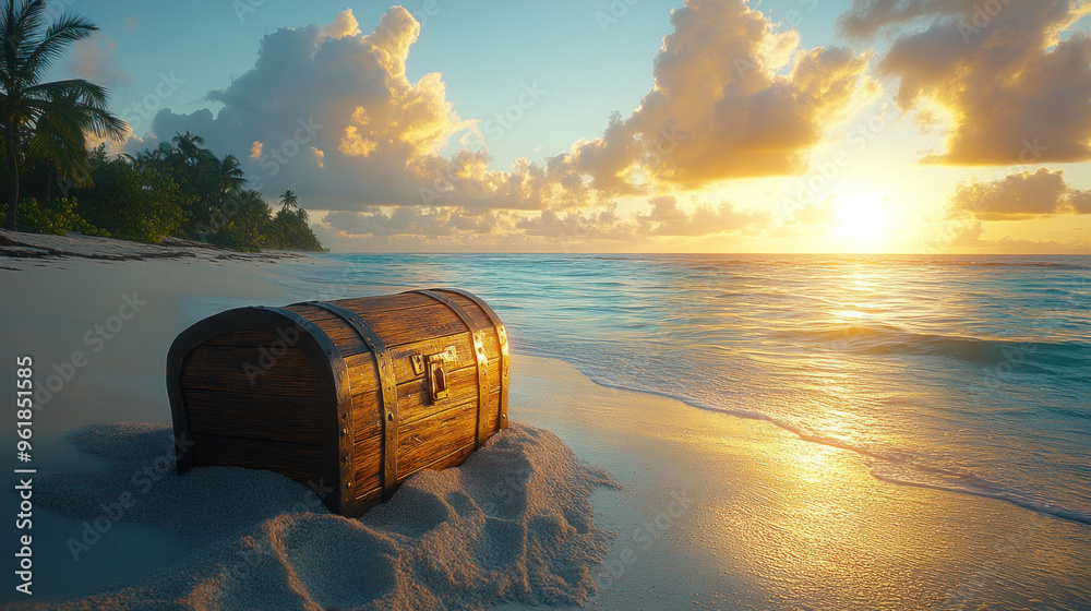 treasure chests half-buried in sand on a deserted beach or tropical ...