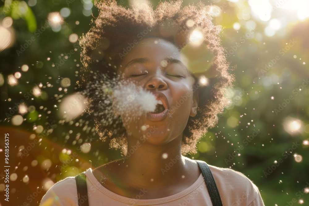 Sudden sneeze caught moment viral particles suspended mid-air. Allergic ...