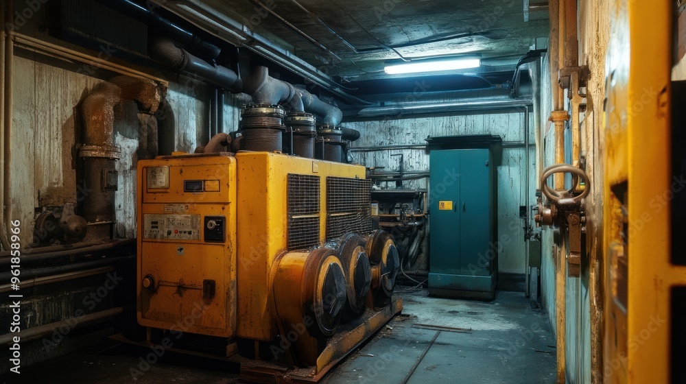 Big generator machine inside the building electrical emergency machine ...