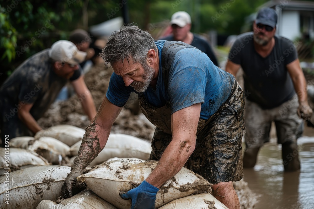A group of volunteers working together to fill and stack sandbags to ...