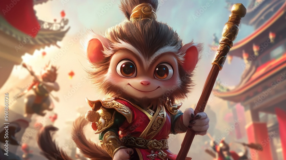 A cartoon version of Wukong with big eyes and a mischievous grin ...