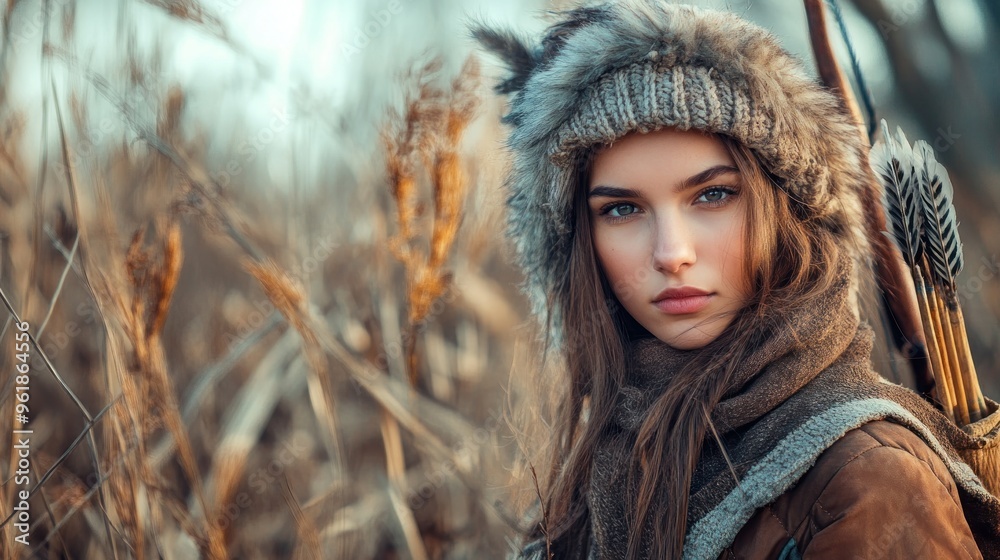 Charm of a beautiful woman hunter in the wild with hunting equipment ...
