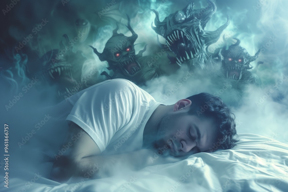 Little girl bed surrounded monsters portraying fear and dark fantasy ...