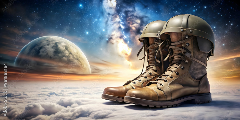 3D Military Boots and Helmet Suspended in Space: Defying Gravity Icon ...