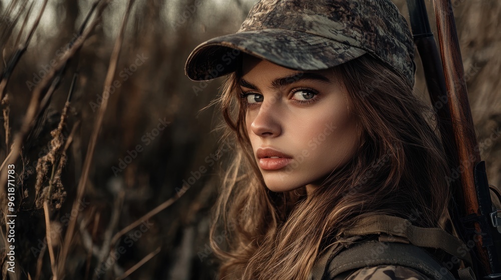 Charm of a beautiful woman hunter in the wild with hunting equipment ...