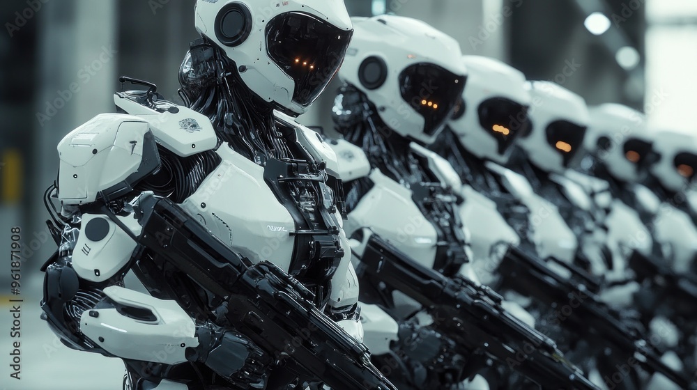 Poster Cyberpunk military army robot squad with future advanced technology modern human – Wall ...