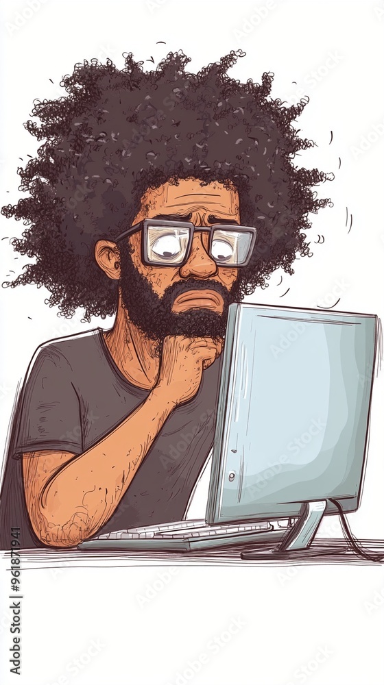 Frustrated programmer with wild curly hair and thick glasses stares ...