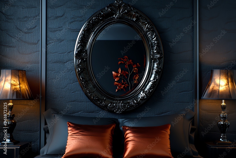 Spooky bedroom, dark mirror, antique and tarnished reflects the room ...