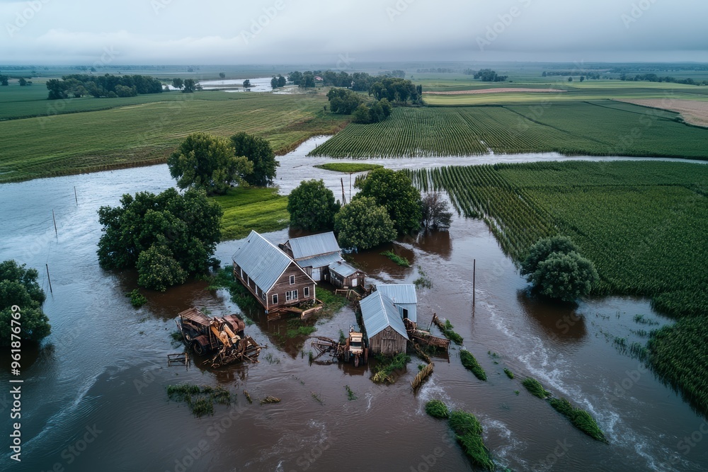 Tractors positioned on a flooded farm with submerged houses, showing ...