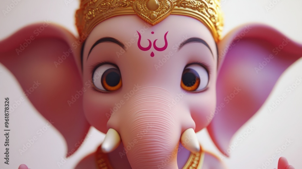 A close-up 3D cartoon of Lord Ganesha's face, with a simple tilak mark ...