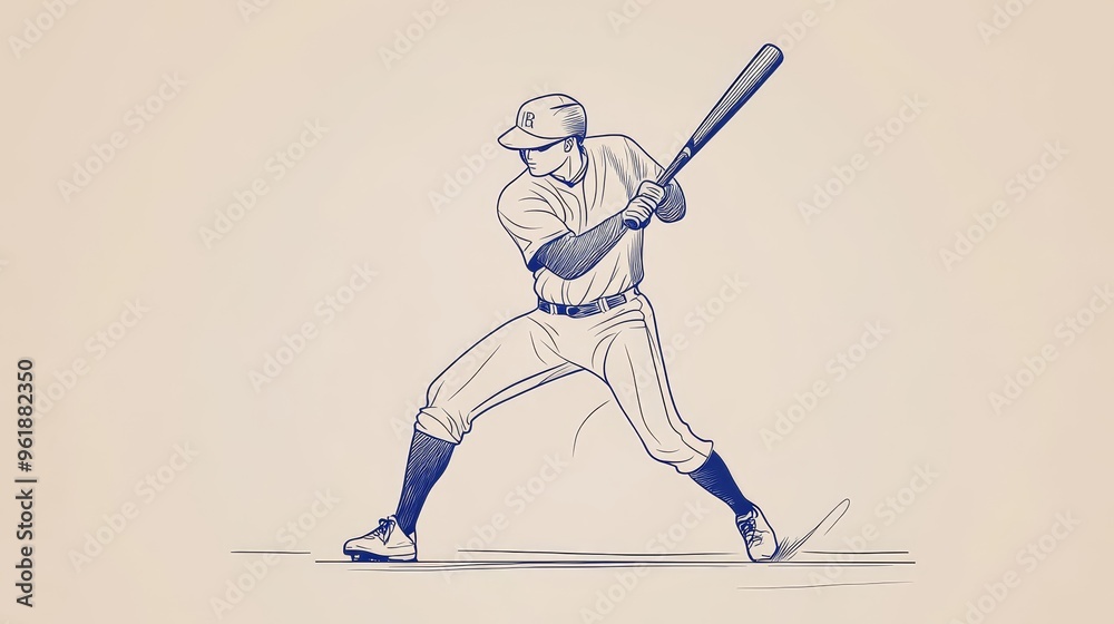 A minimalist, single-line drawing of a youthful and vigorous baseball ...