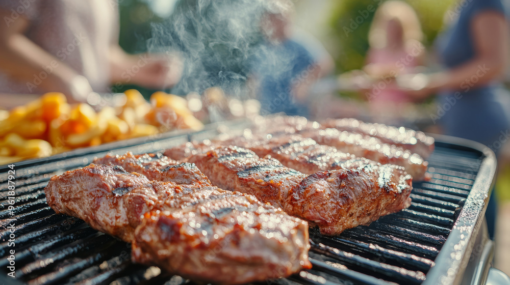 Sizzling meat on barbecue grill creates mouthwatering scene, perfect ...