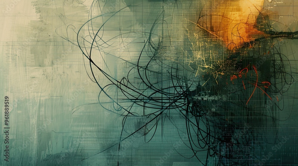 Faded blueprints and random numbers blend on a glowing Dadaism ...