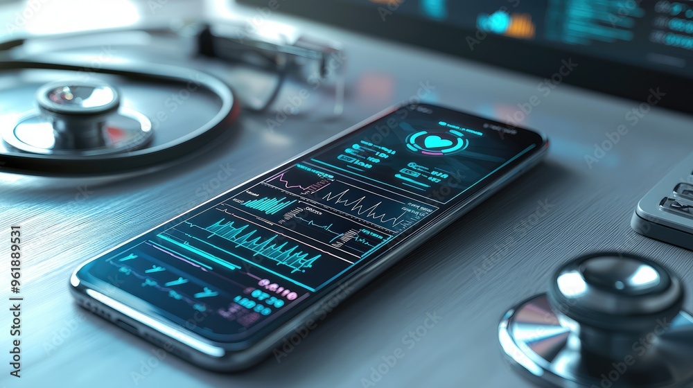 Smartphone showing health monitoring app on work desk with computer ...