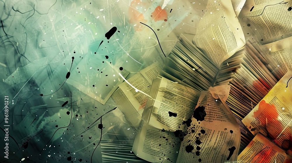 Chaotic layers of fragmented book pages and watercolor splashes on a ...